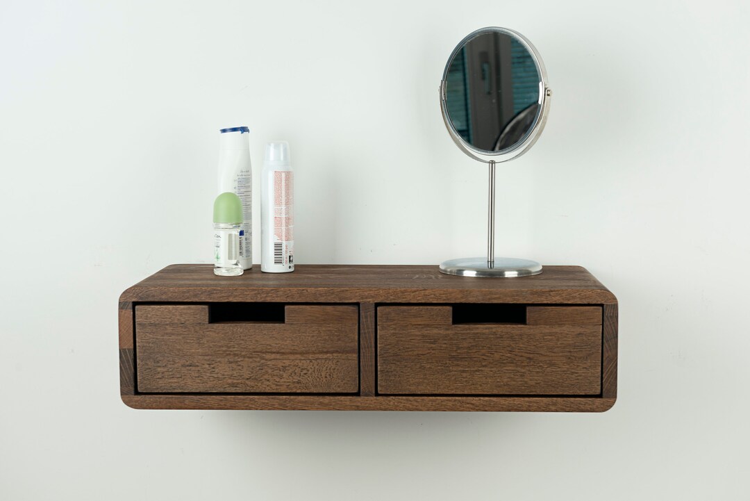 W:24'' Floating Makeup Table With Two Drawers, Oak Makeup Organizer for ...