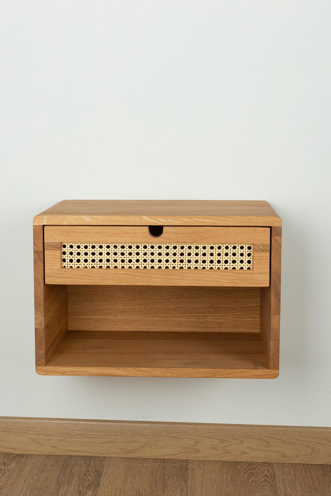 Floating Nightstand With Rattan Drawer in Solid Oak, Modern Bedside ...