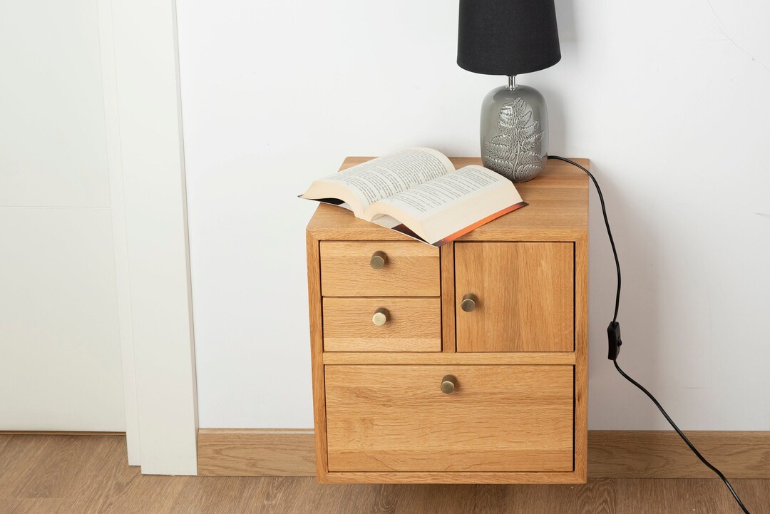 Solid Oak Floating Bedside Table With Drawer - Modern Mid-century Wall ...