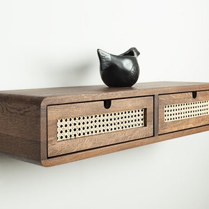 Floating Console Table With Two Rattan Drawers, Narrow Console Table ...