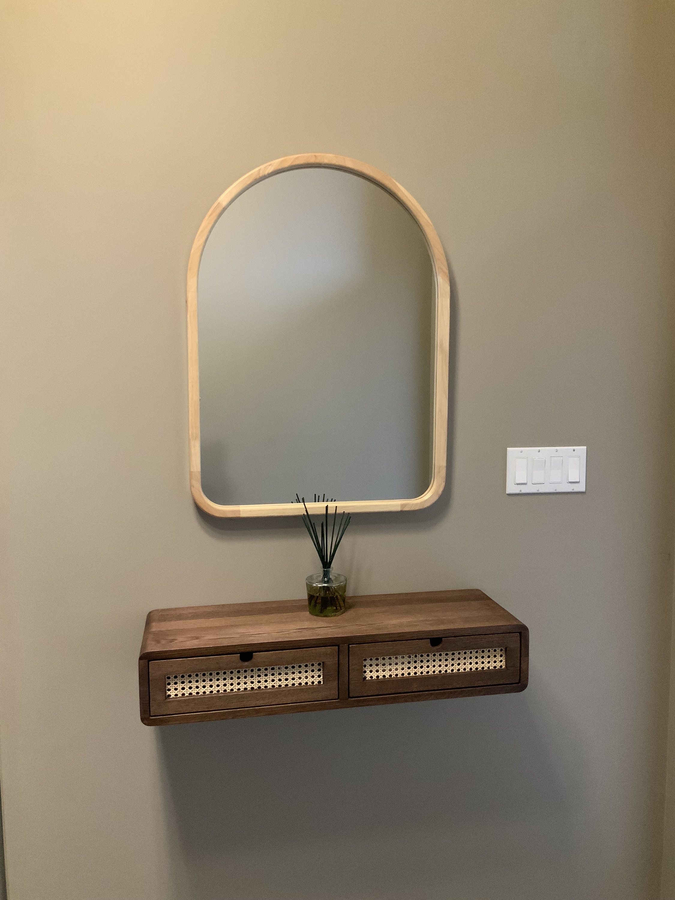 Oak Floating Console Table With Rattan Drawers, Wall Mounted Entryway ...