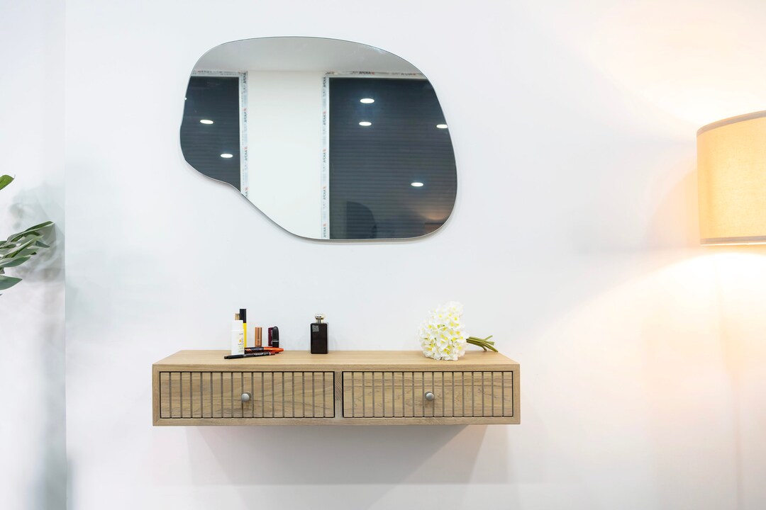 Fluted Floating Makeup Table With Two Drawers, Makeup Organizer for ...