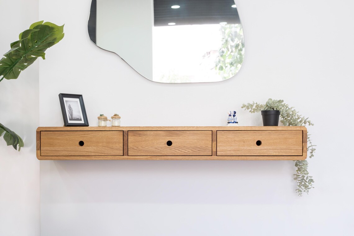 Solid Oak Floating Console Table With Three Drawers - Entryway Hallway ...