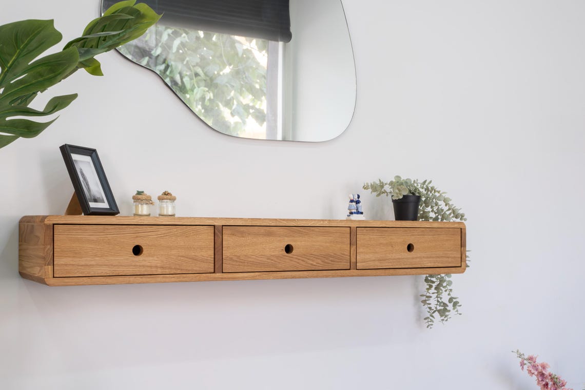 Solid Oak Floating Console Table With Three Drawers - Entryway Hallway ...