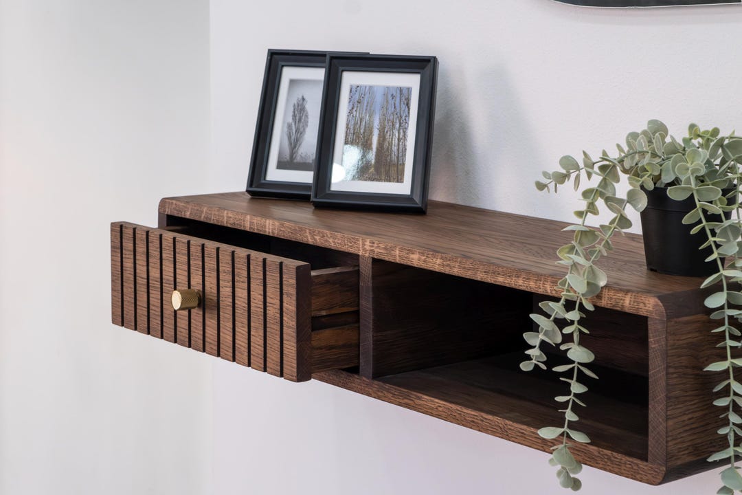 Floating Console Table With One Fluted Drawer and Open Shelf in Solid ...