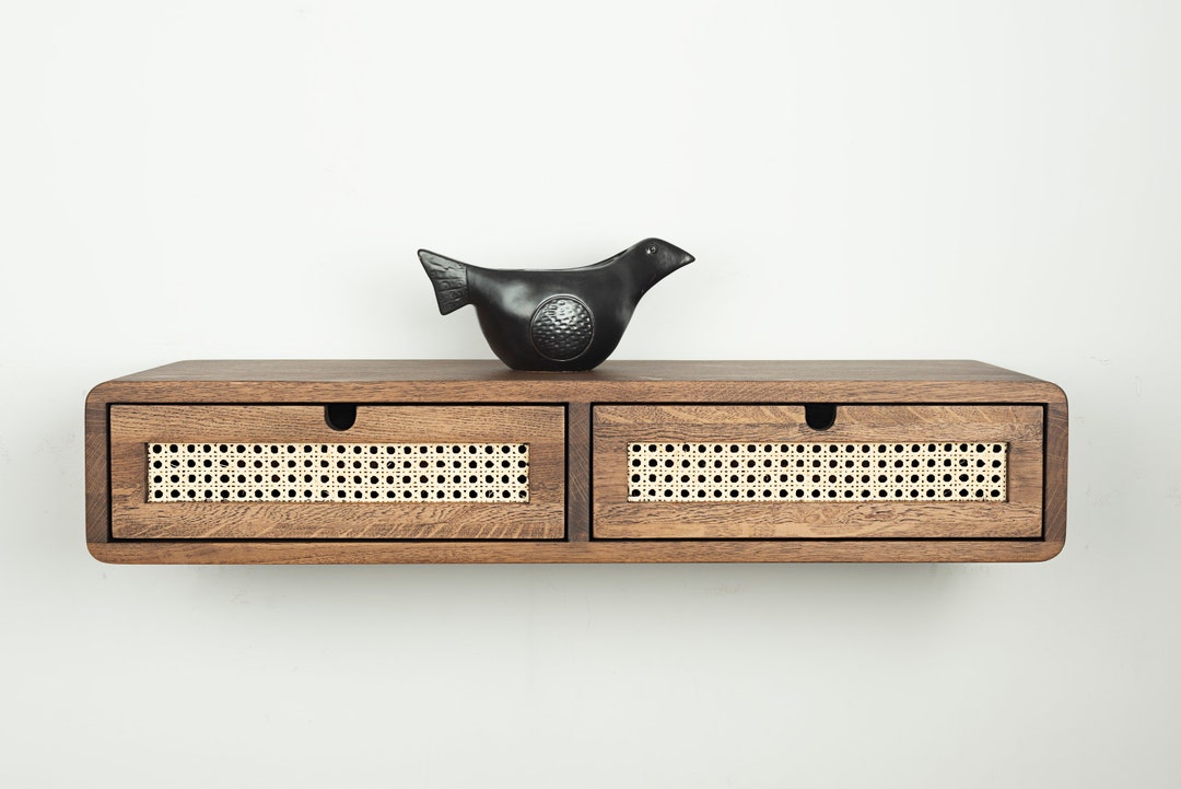 Floating Console Table With Two Rattan Drawers, Narrow Console Table ...