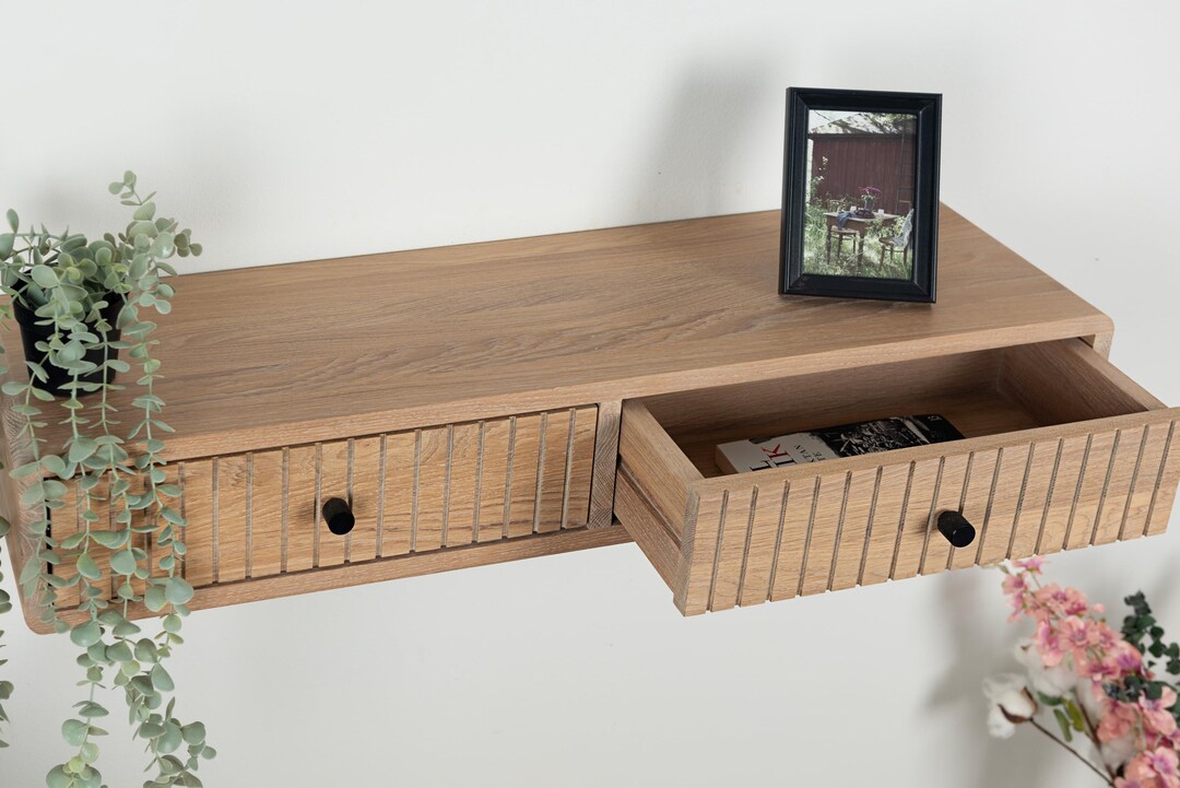 Fluted Floating Console Table With Two Drawers ,entryway Table, Hallway Wooden Table, Solid Oak ...
