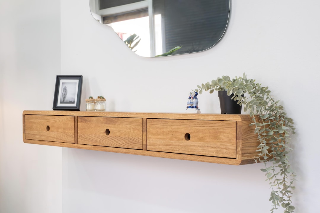 Solid Oak Floating Console Table With Three Drawers - Entryway Hallway ...