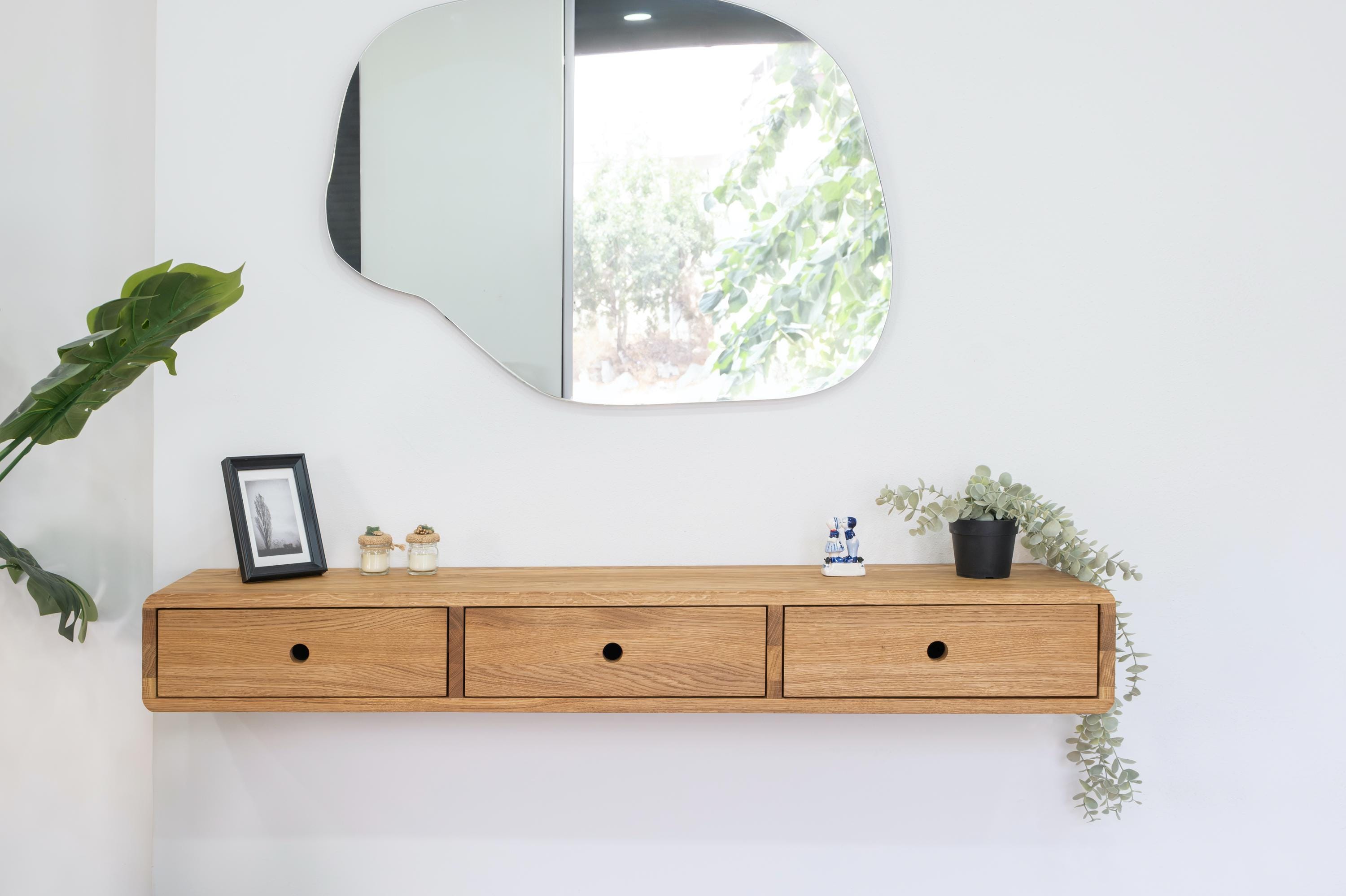 Solid Oak Floating Console Table With Three Drawers - Entryway Hallway ...