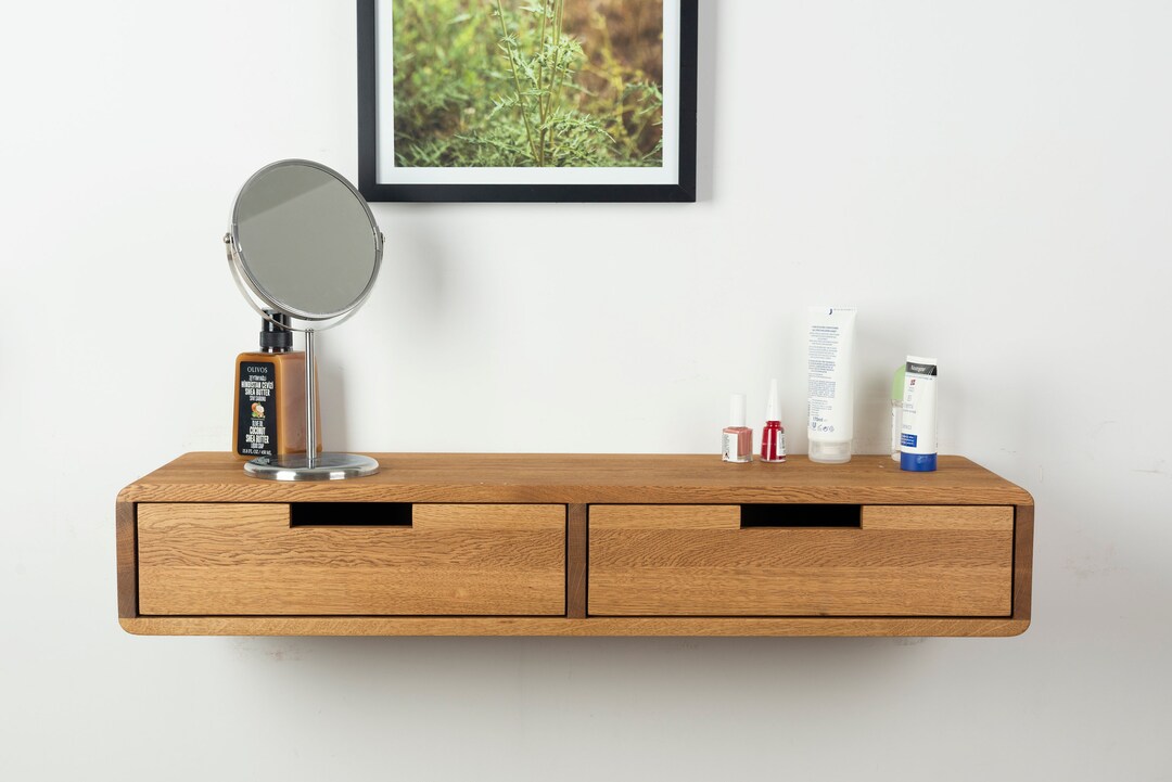 Solid Oak Floating Makeup Table With Drawers: Wall Mounted Vanity Desk ...