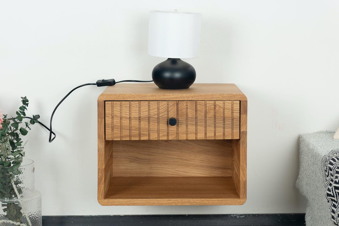 Fluted Floating Side Table With Drawer in Solid Oak, Modern Bedside ...