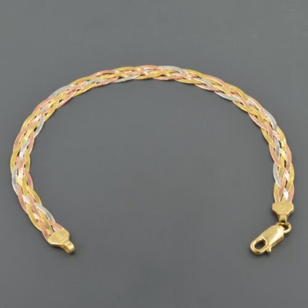 10K TRI-COLOR GOLD | 7.5 Inches | 5.7mm Wide 5 Strand Braided ...