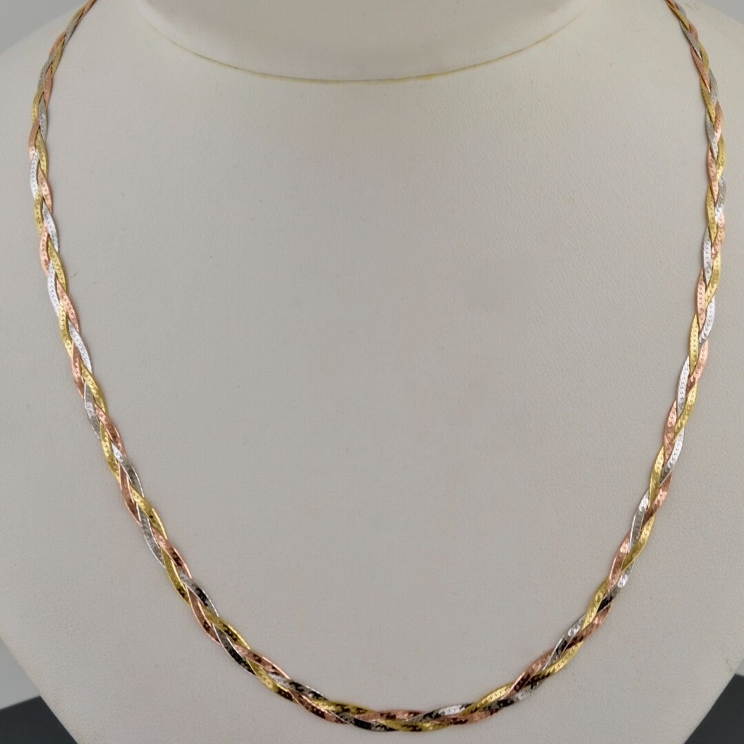 10K TRICOLOR GOLD | 3.3mm Three Strand Braided Herringbone Necklace ...