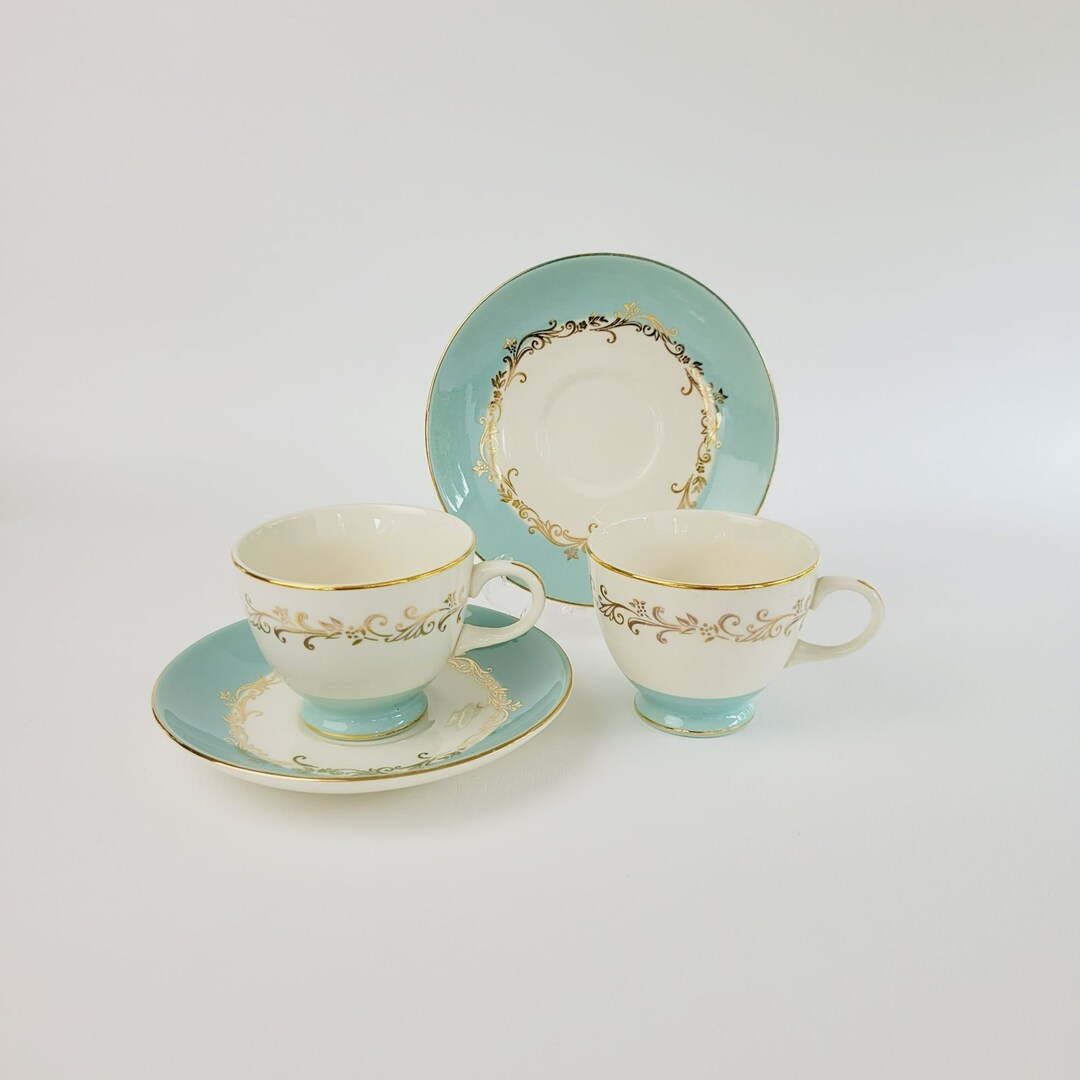Homer Laughlin Gold Crown Teacup & Saucers 2, Aqua Boarder and Gold ...