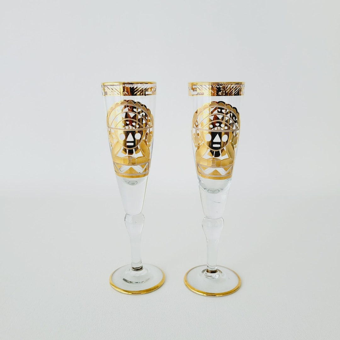 Vintage Artesania Tabuisa Inca Sun God Crystal Champagne Flutes Glasses ...
