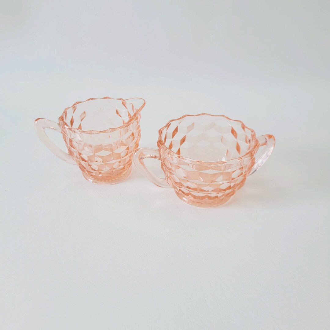 Pink Depression Glass Creamer & Sugar Bowl, Vintage Jeannette Glass ...