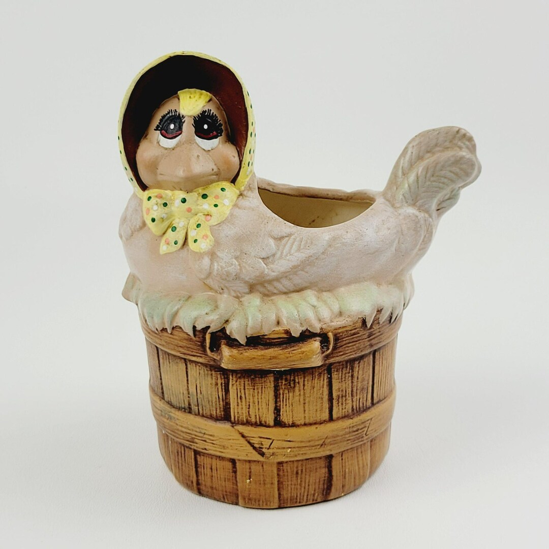 Vintage Ceramic Chicken Hen Planter With Bonnet & Bow, Siting on a ...