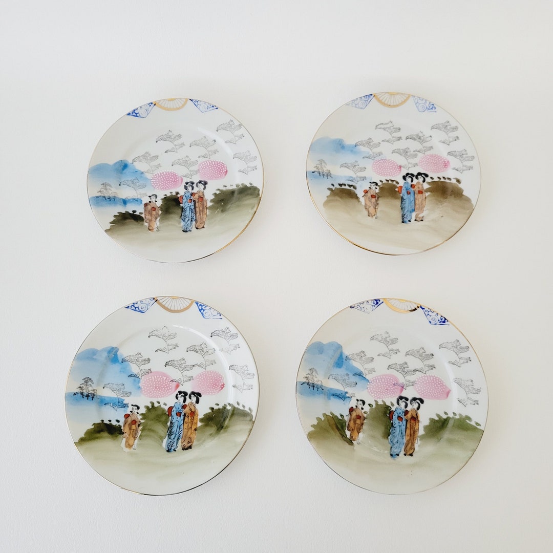 Japanese Kutani Geisha Girls Bread Plate Set of 4, Vintage Hand Painted ...
