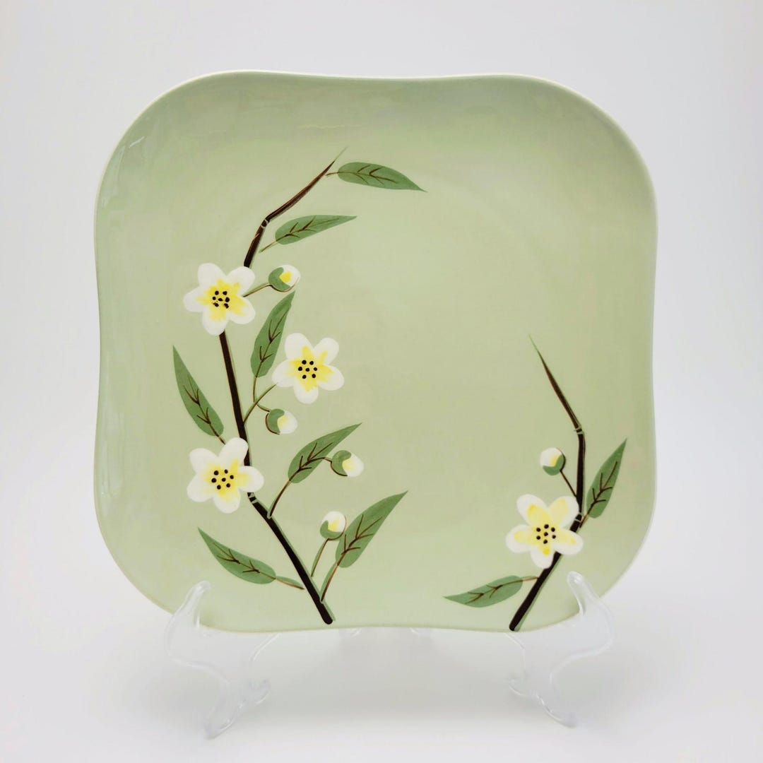 Vintage Weil Ware Blossom Celadon Square Lunch Plate, Light Green Base ...