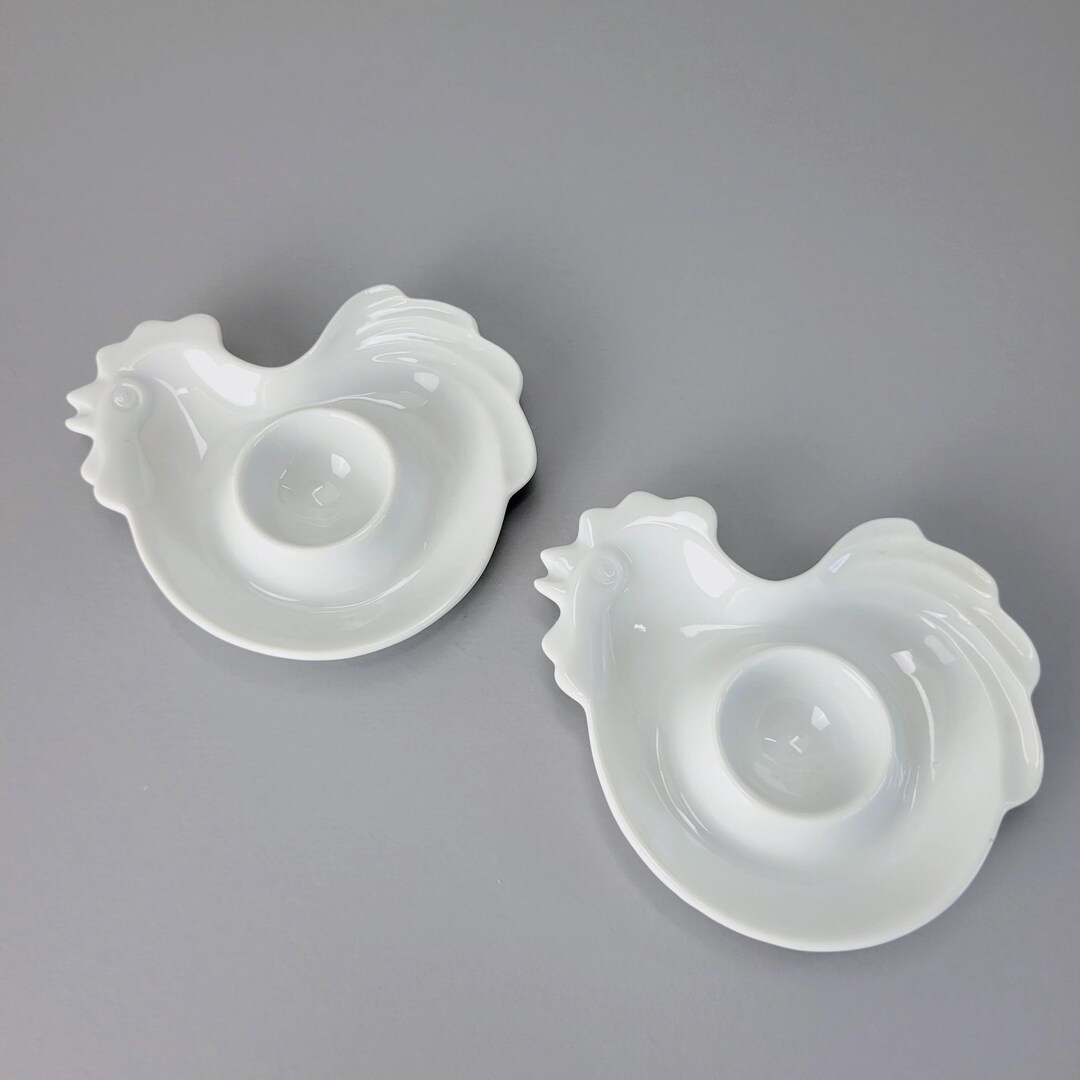 Vintage White Ceramic Rooster Egg Cup Set of 2, All White Chicken ...