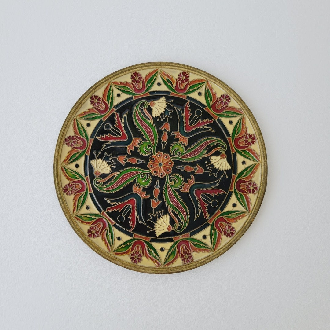 Vintage Greek Byzantine Mosaic Plate, Enamel Work on Brass Plate, Dark ...