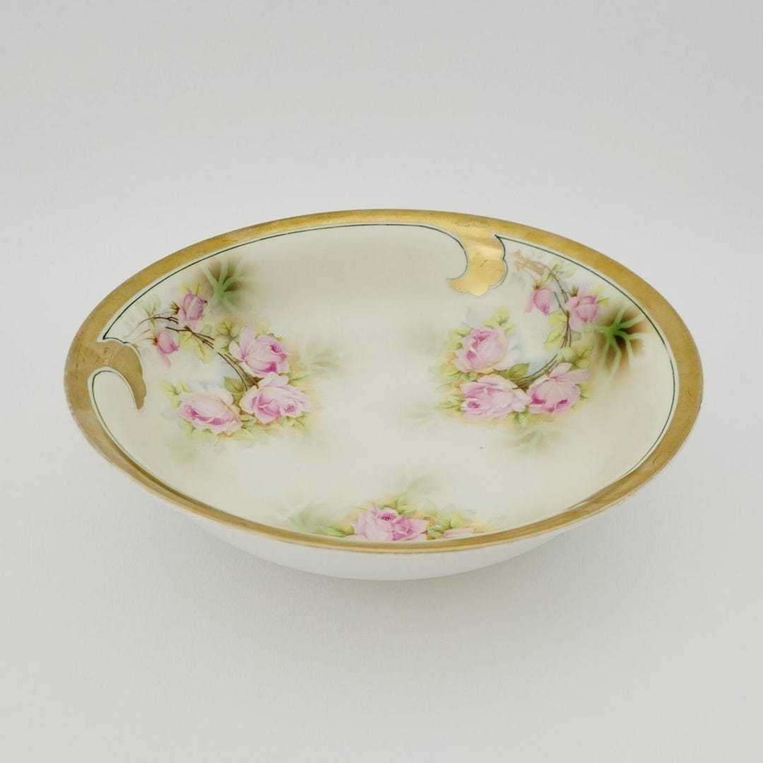 Vintage German Hand Painted Pink Floral Centerpiece Bowl, Heavy Gold ...