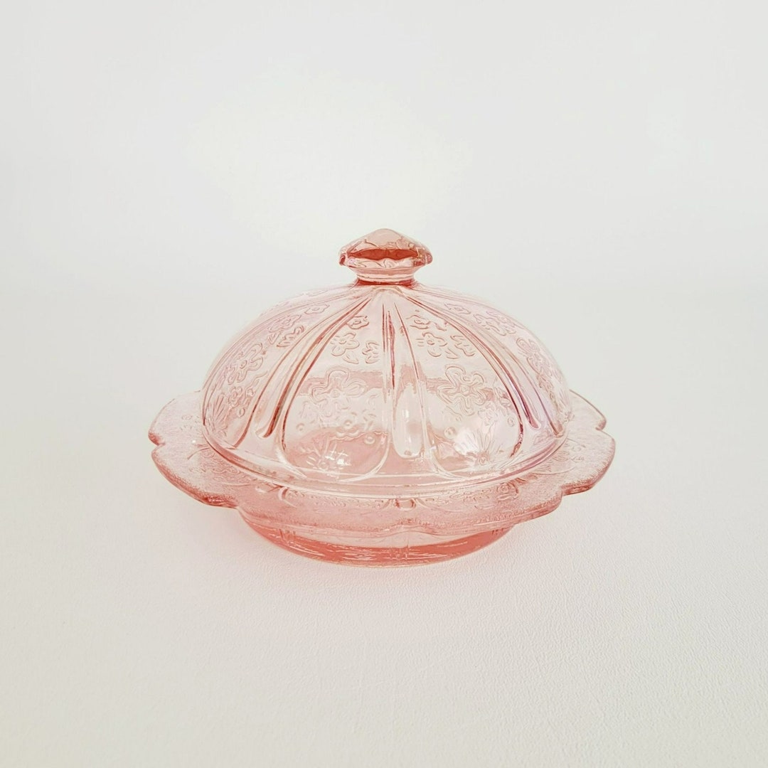 1970s Reproduction Pink Depression Glass Covered Butter Dish, Cherry ...