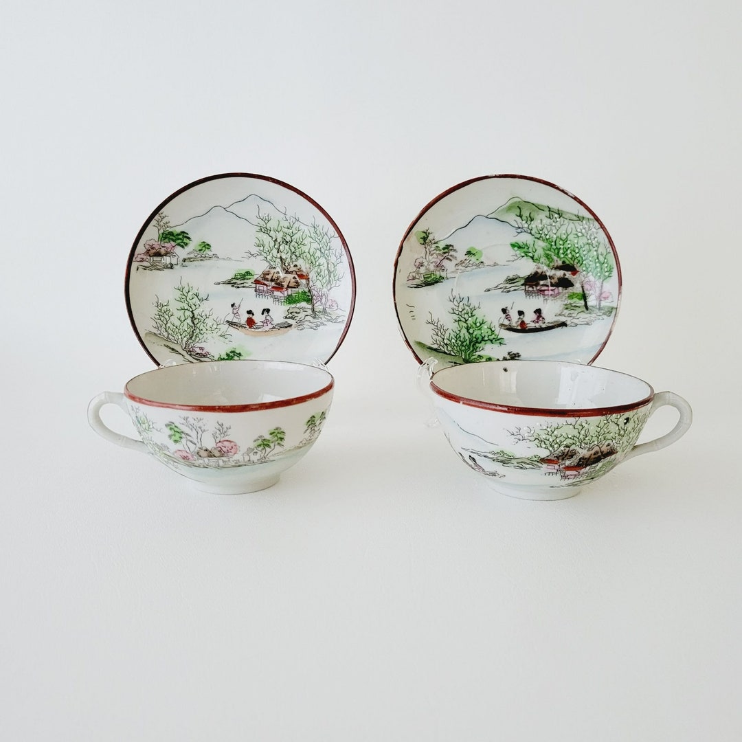 Japanese Kutani Landscape Teacup & Saucers, Vintage Nippon Red Trim ...