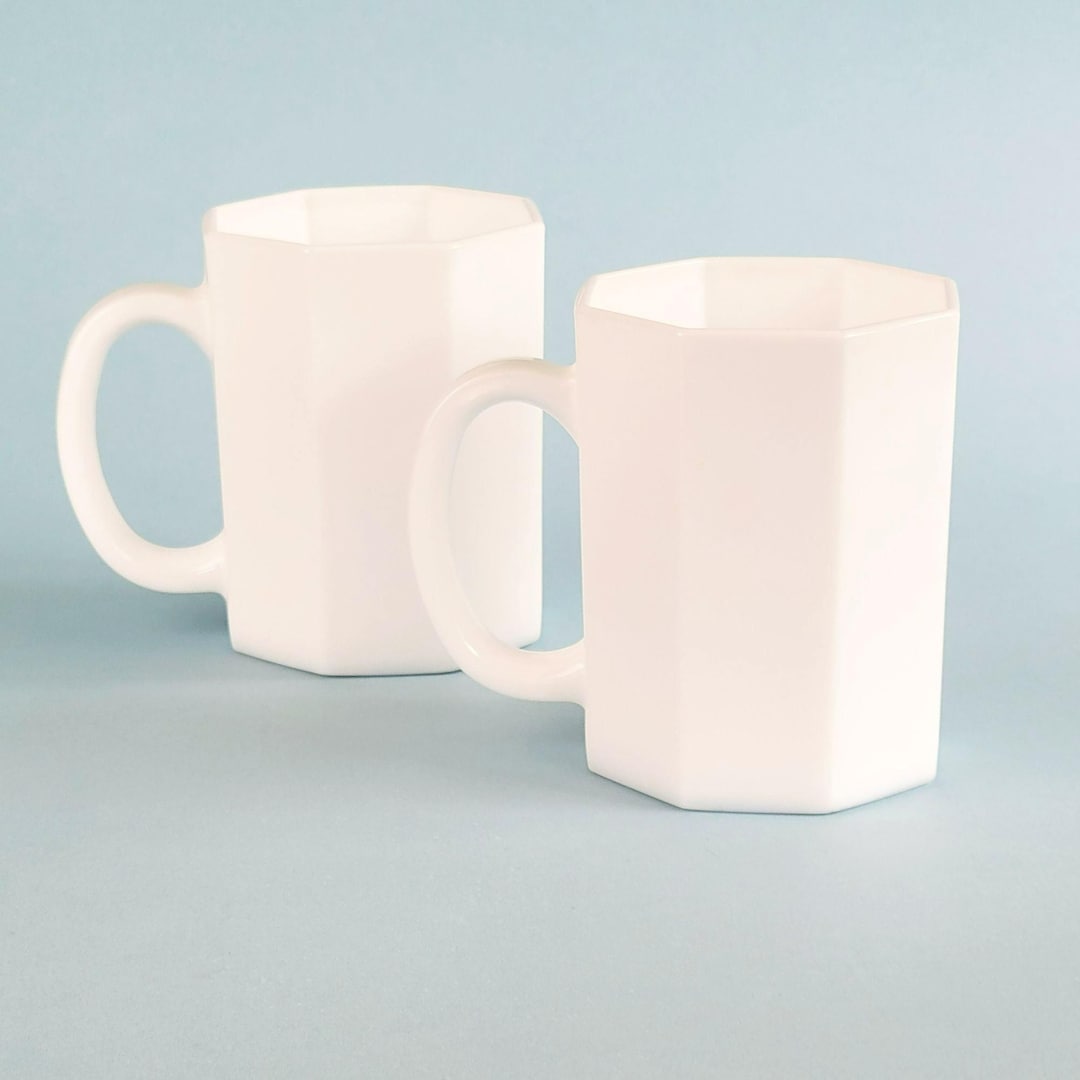 Vintage Arcoroc White Glass Mugs Set of 2, Octagon Eight Sided, Made in ...