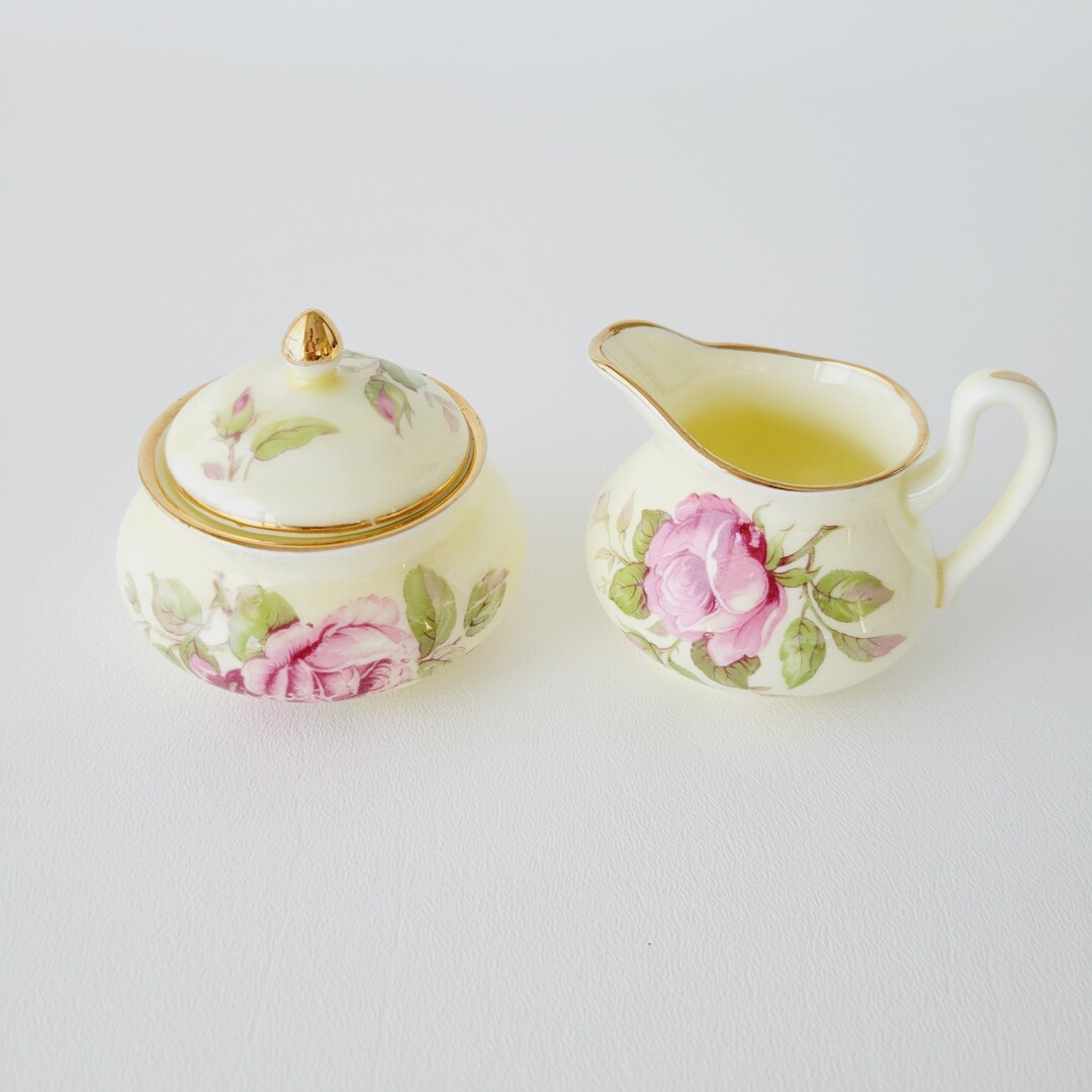 Crown Staffordshire Small Floral Creamer & Sugar Bowl, Yellow With Pink ...