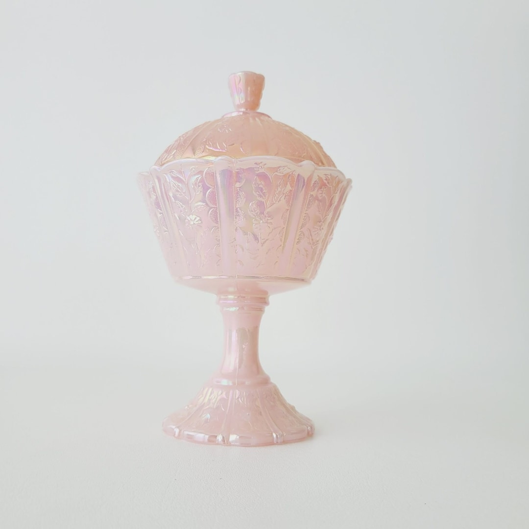 Fenton Iridescent Pink Pedestal Candy Dish/ Urn With Lid, 9 Tall ...