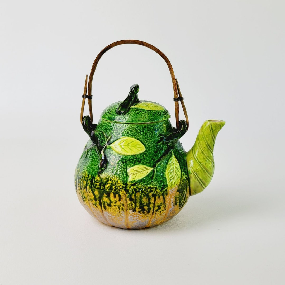 Whimsical Green Leaves Small Teapot, Gourd Shape With Textured Leaves ...