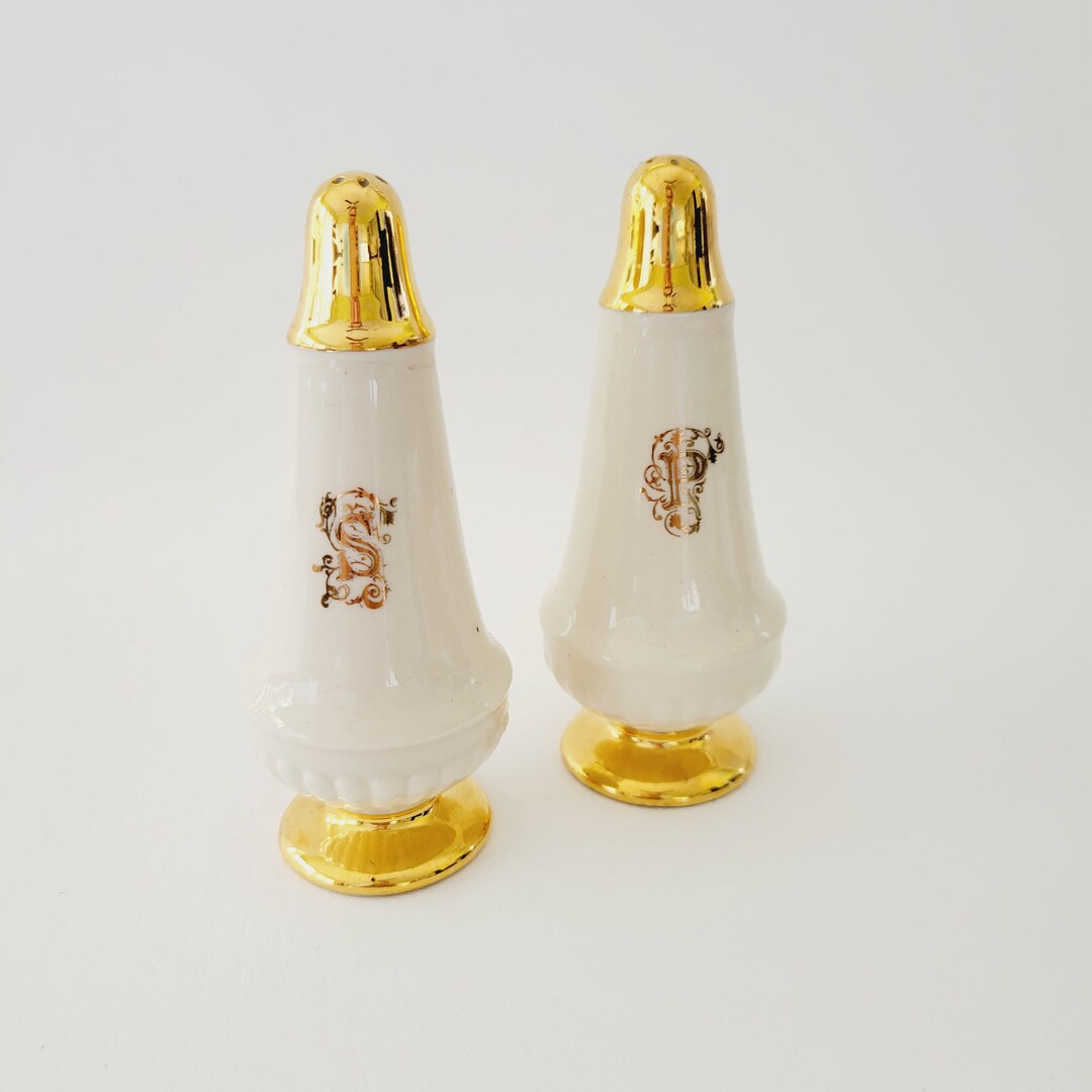 Vintage Gold & White Salt and Pepper Shakers, Tall Footed Shakers With ...