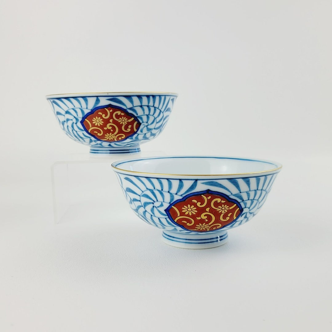 Vintage Japanese Porcelain Rice Bowls, Hand-painted Blue & Red Floral ...