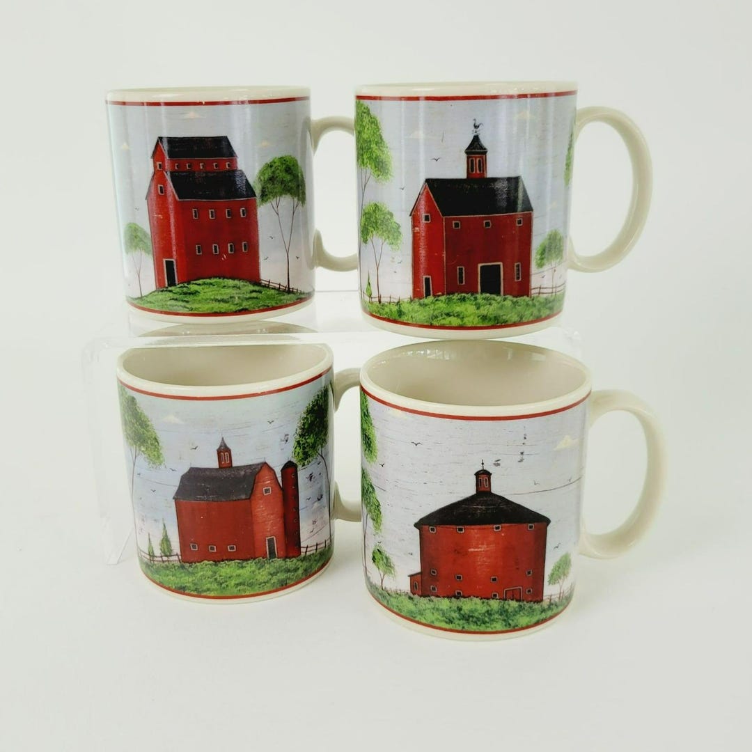 Vintage Warren Kimble "barns" Mug Set of 4, Red & Green Folk Art ...