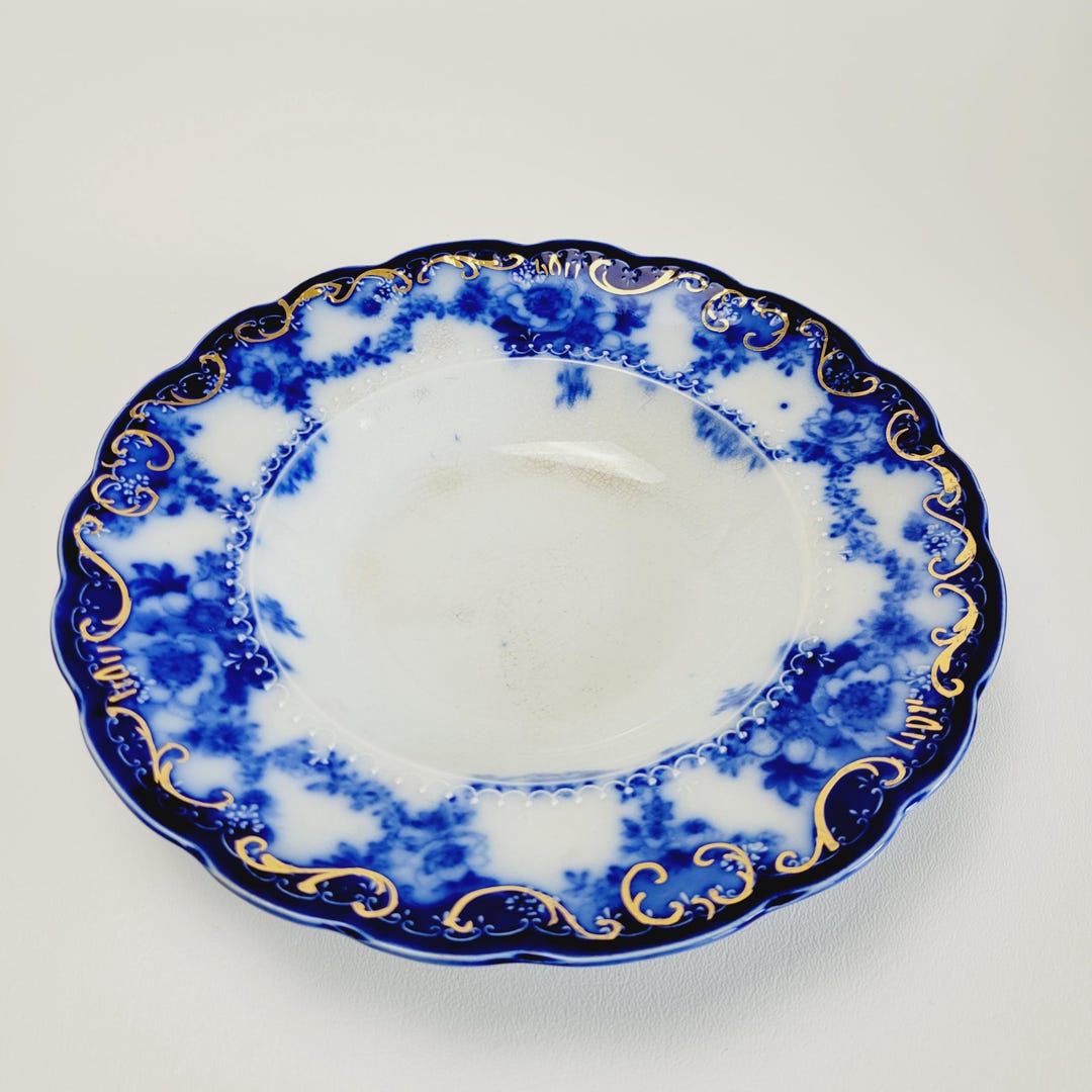 Antique Ridgway Ebor Flow Blue Soup Bowl, Floral Scrollwork With ...