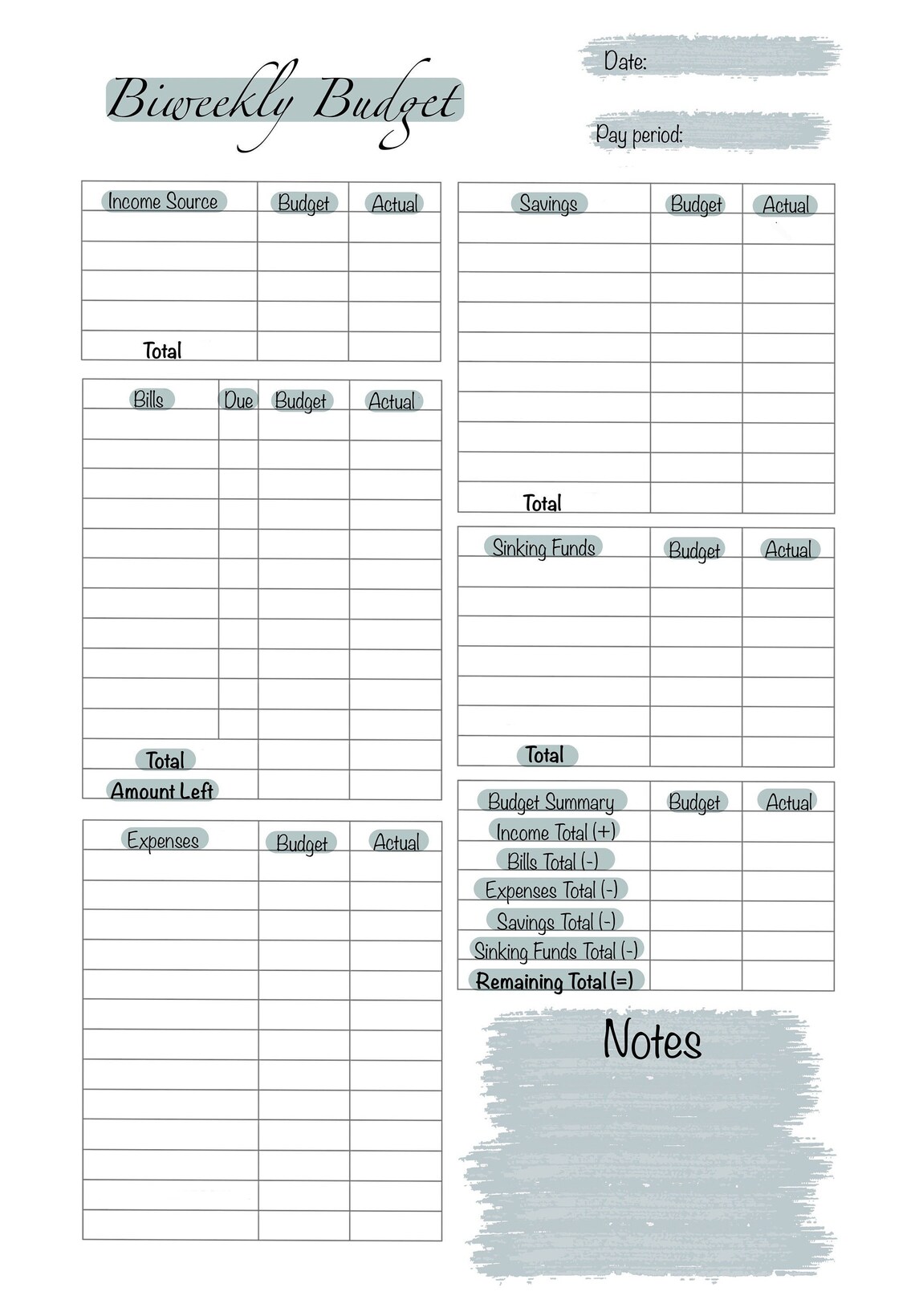 Blue Printable and Digital Biweeky Budget Planner Cash Envelopes ...