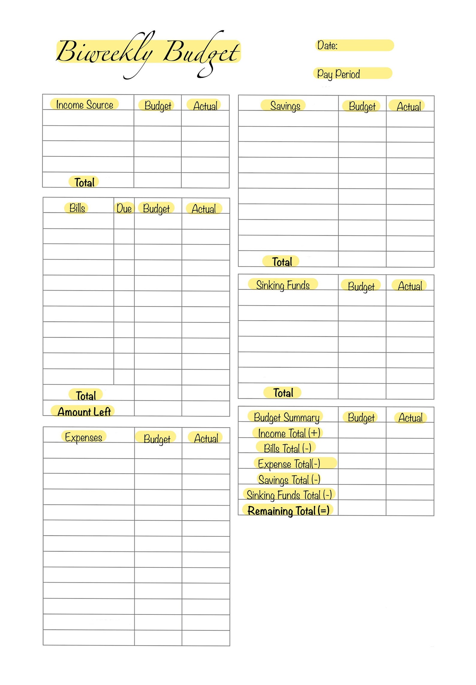 Yellow Printable and Digital Biweekly Budget Planner Cash Envelopes ...