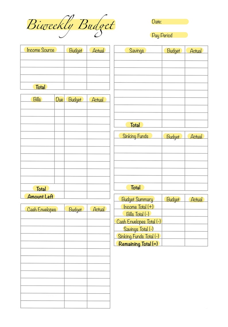 Yellow Printable and Digital Biweekly Budget Planner Cash Envelopes ...