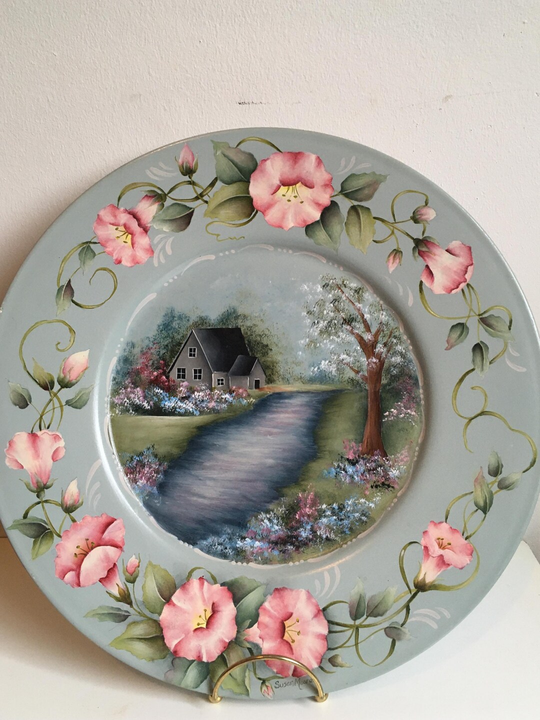 Hand Painted Tole Ware Metal Plate Serving Tray English Cottage Morning ...
