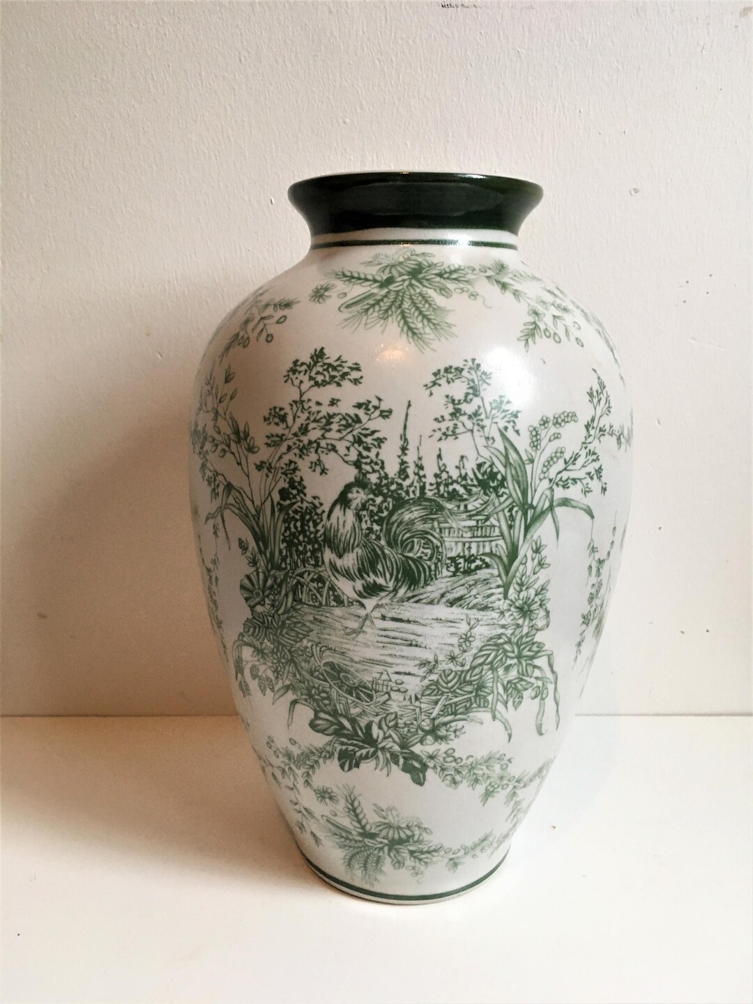 Vintage Ceramic Transferware Green and White Toile Vase With Rooster ...
