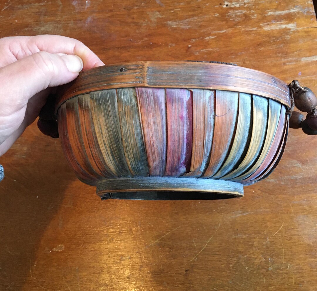 Vintage Wood Multicolor Slat Splint Basket Wood Beaded Handles Rustic ...