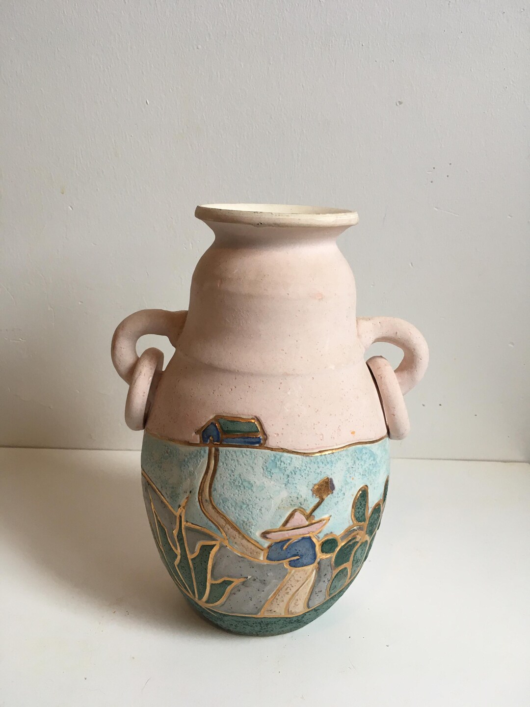 Mexico Pottery Jug 24C Gold Trim Lug Handles Cactus Field Farmer ...