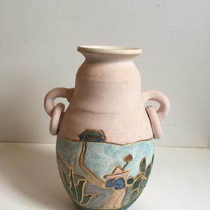 Mexico Pottery Jug 24C Gold Trim Lug Handles Cactus Field Farmer ...
