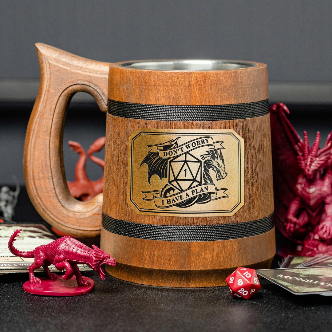 Dnd Beer Mug With Etched Brass Plate Wooden Tankard Gift for Dungeons ...