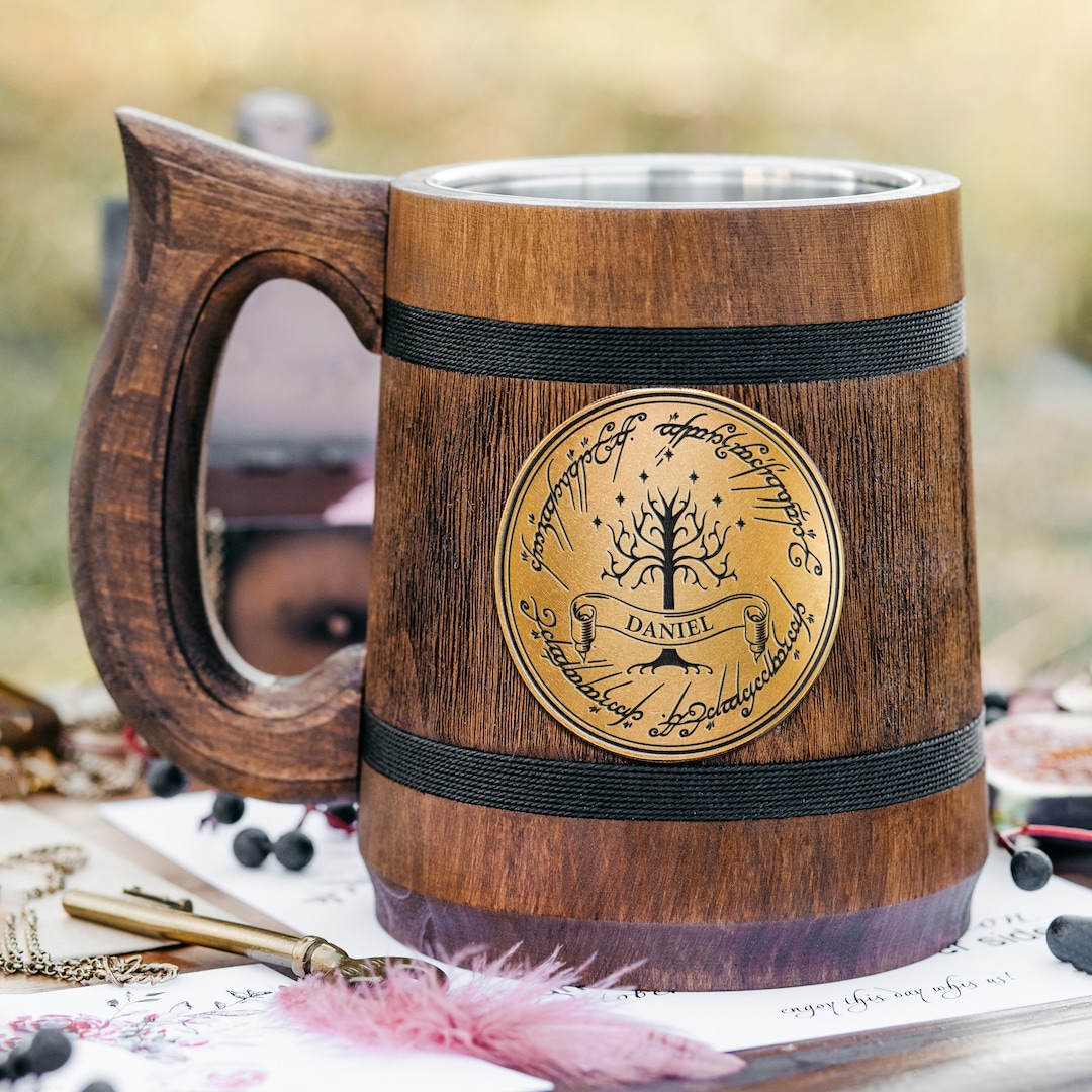 Wood Stein With Personalized Etched Plate White Tree of Gondor Mug ...