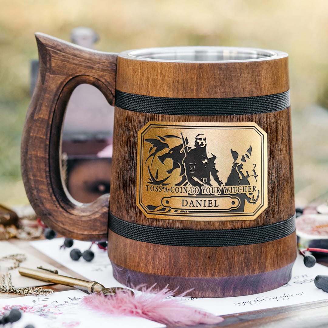 Witcher Mug Wooden Beer Stein With Personalized Etched Plaque Gift for ...