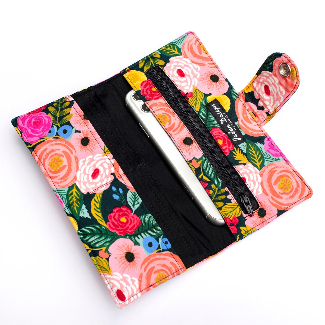 Pink Roses Wallet, Lush Floral Bifold Wallet, Fabric iPhone Wallet Case ...