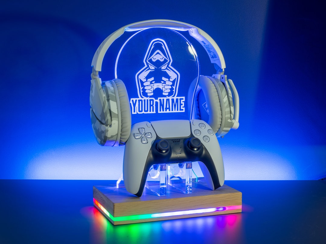Deluxe Hooded Gamer Personalised Headset Controller Stand, RGB LED ...