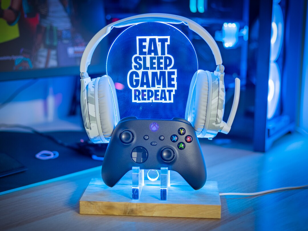 Eat Sleep Game Repeat Headset Controller Stand, RGB LED Gaming Station ...